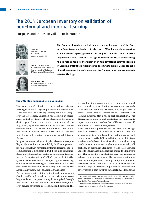 (PDF) The 2014 European Inventory on validation of non-formal and informal learning. Prospects ...