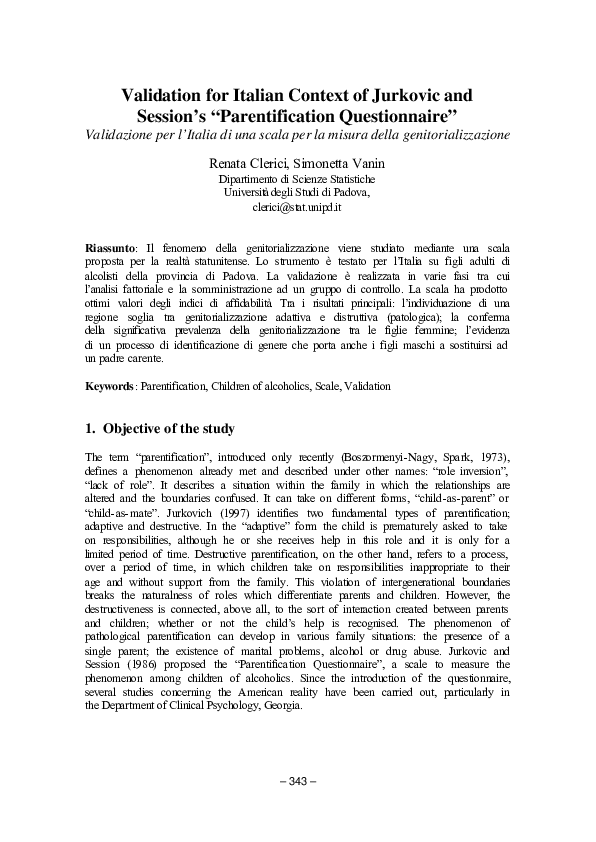 (PDF) Validation for Italian Context of Jurkovic and Session's ...
