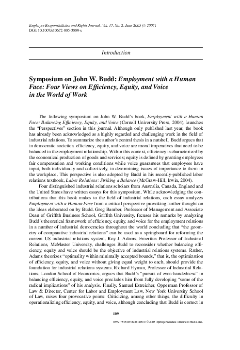 (PDF) Introduction Symposium on John W . Budd : Employment with a Human ...