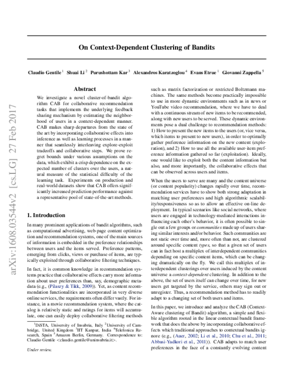 (PDF) On Context-Dependent Clustering of Bandits
