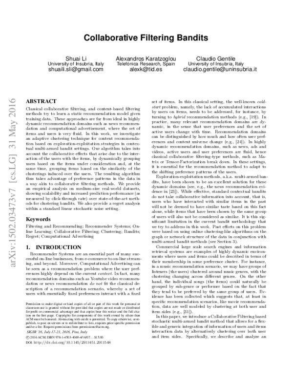 (PDF) Collaborative Filtering Bandits