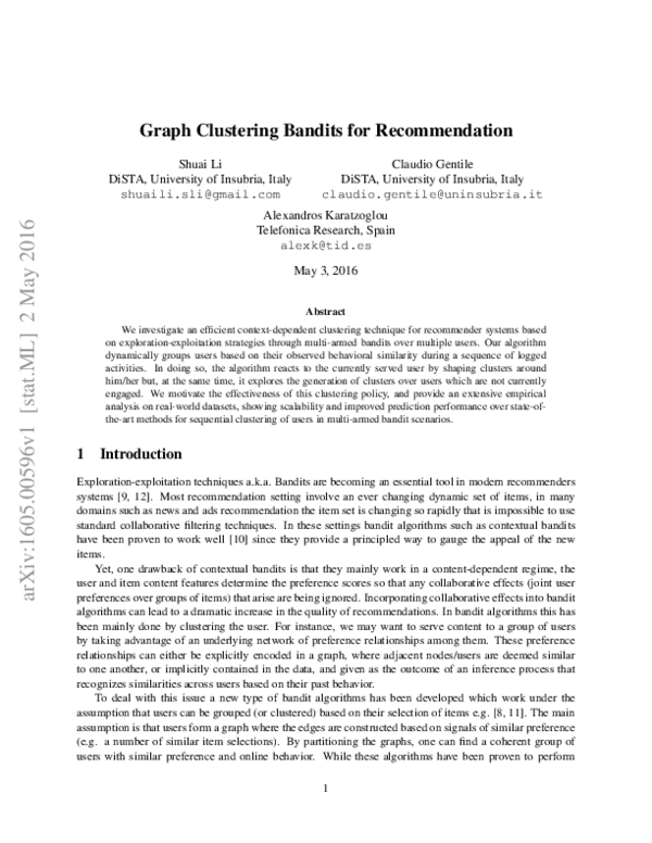 Pdf Graph Clustering Bandits For Recommendation