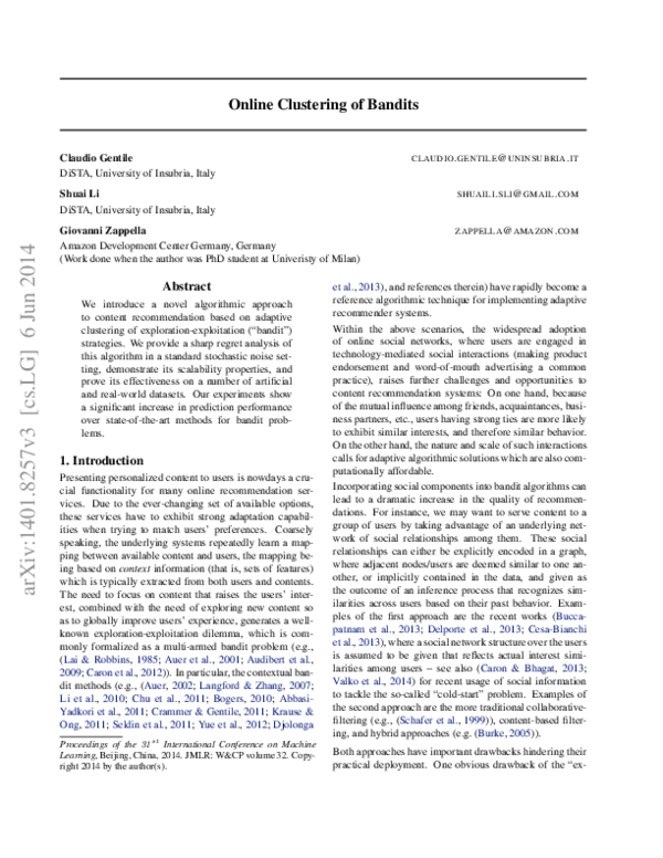 (PDF) Online Clustering of Bandits