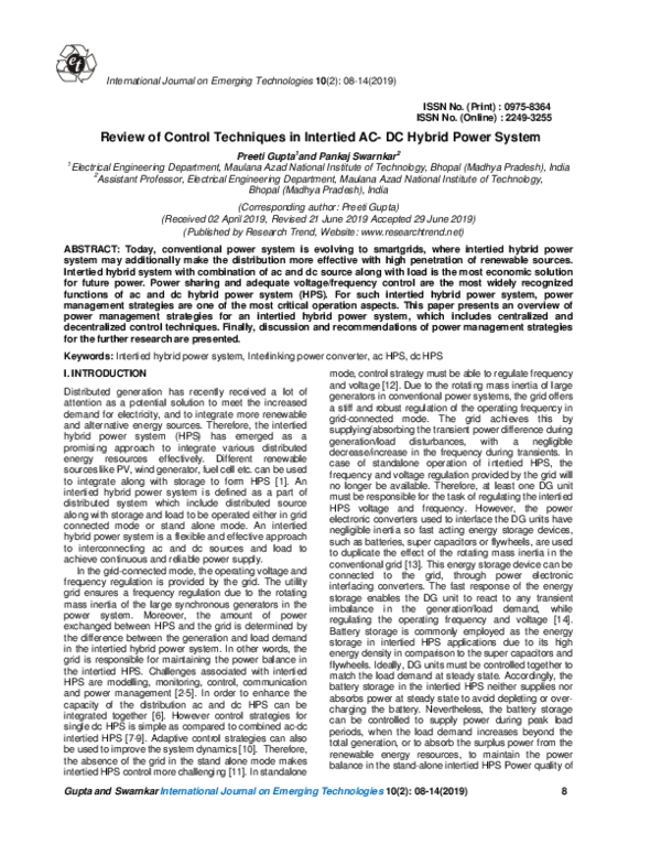 (PDF) Review of Control Techniques in Intertied AC- DC Hybrid Power System