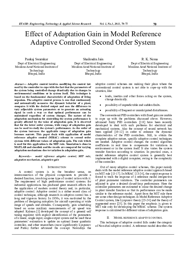 (PDF) Effect of adaptation gain in model reference adaptive controlled ...