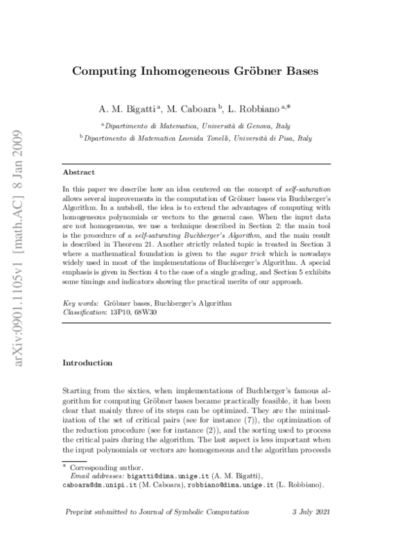 Pdf Computing Inhomogeneous Groebner Bases Massimo Caboara