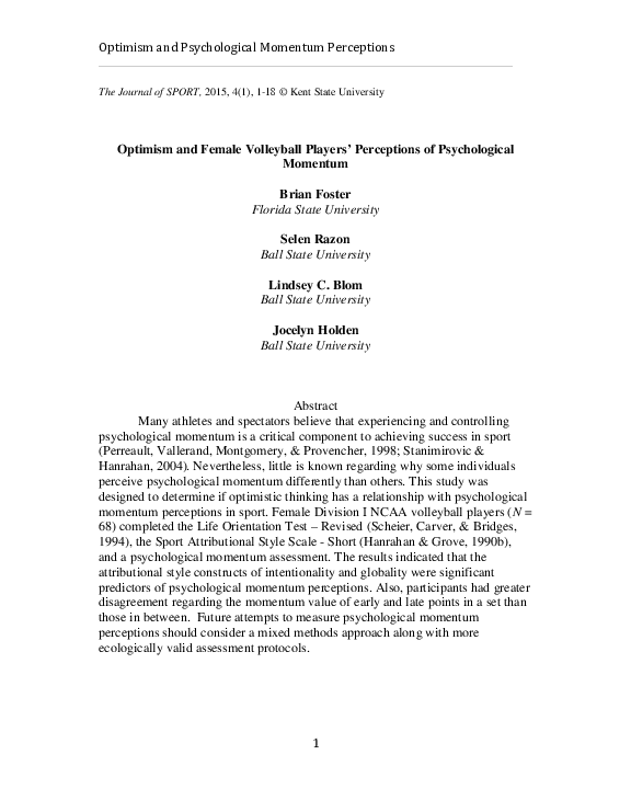 (PDF) Optimism and Female Volleyball Players' Perceptions of ...