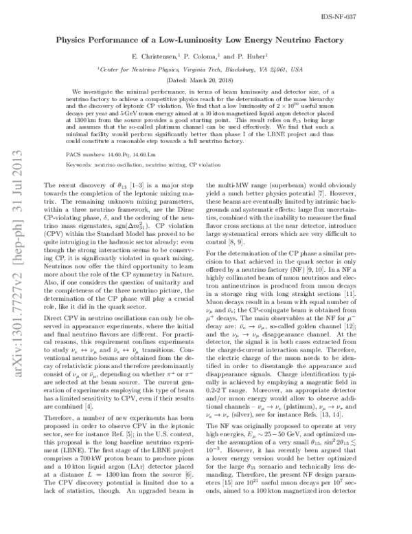 (PDF) Physics Performance of a Low-Luminosity Low Energy Neutrino Factory