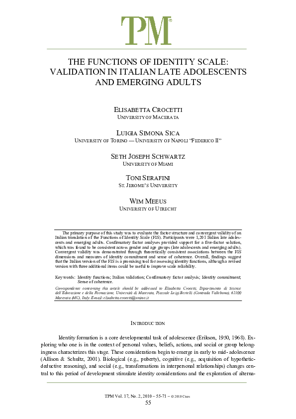 (PDF) The Functions of Identity Scale: Validation in Italian Late ...