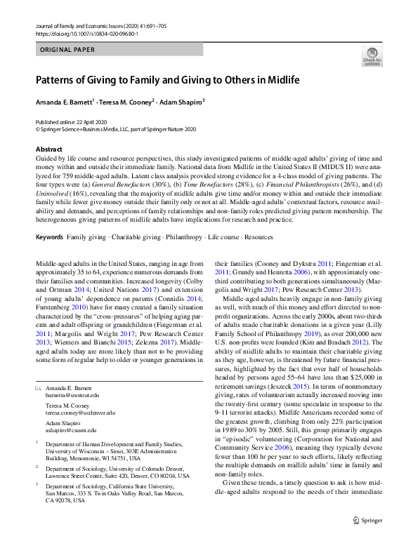(PDF) Patterns of Giving to Family and Giving to Others in Midlife
