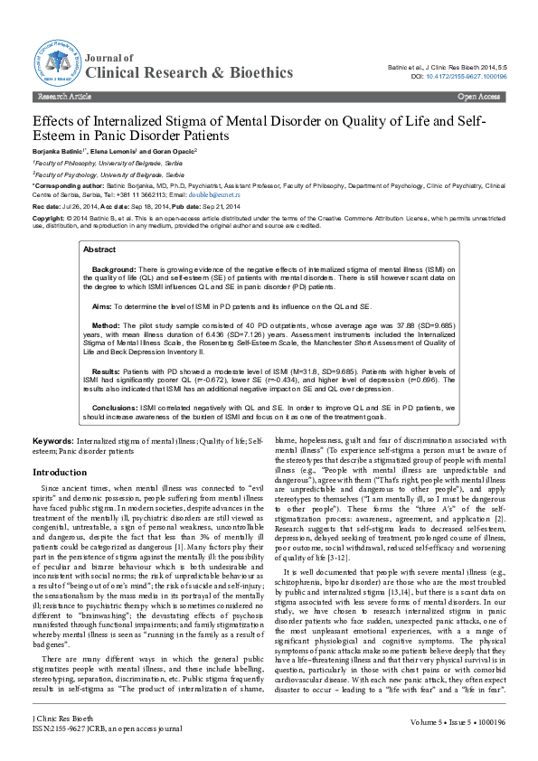 (PDF) Effects of Internalized Stigma of Mental Disorder on Quality of ...