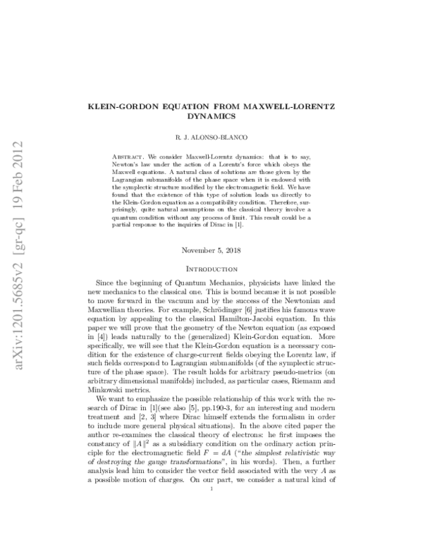 (PDF) Klein-Gordon equation from Maxwell-Lorentz dynamics