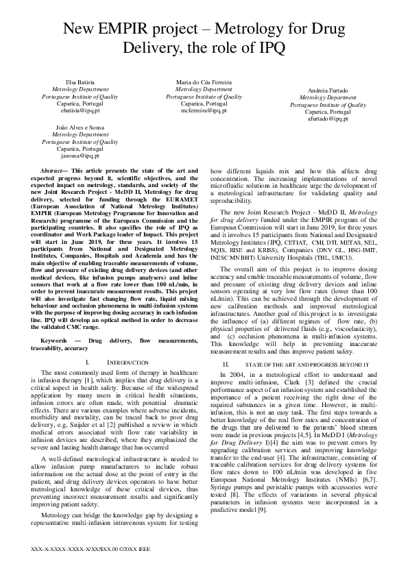 (PDF) New EMPIR project – Metrology for Drug Delivery, the role of IPQ