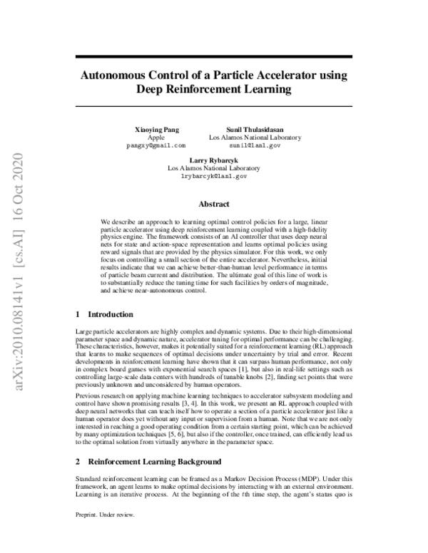 (PDF) Autonomous Control of a Particle Accelerator using Deep Reinforcement Learning