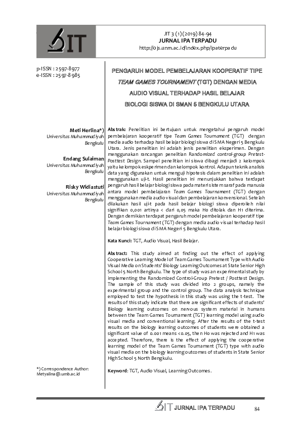 (PDF) Pengaruh Model Pembelajaran Kooperatif Tipe Team Games Tournament (TGT) Dengan Media Audio ...