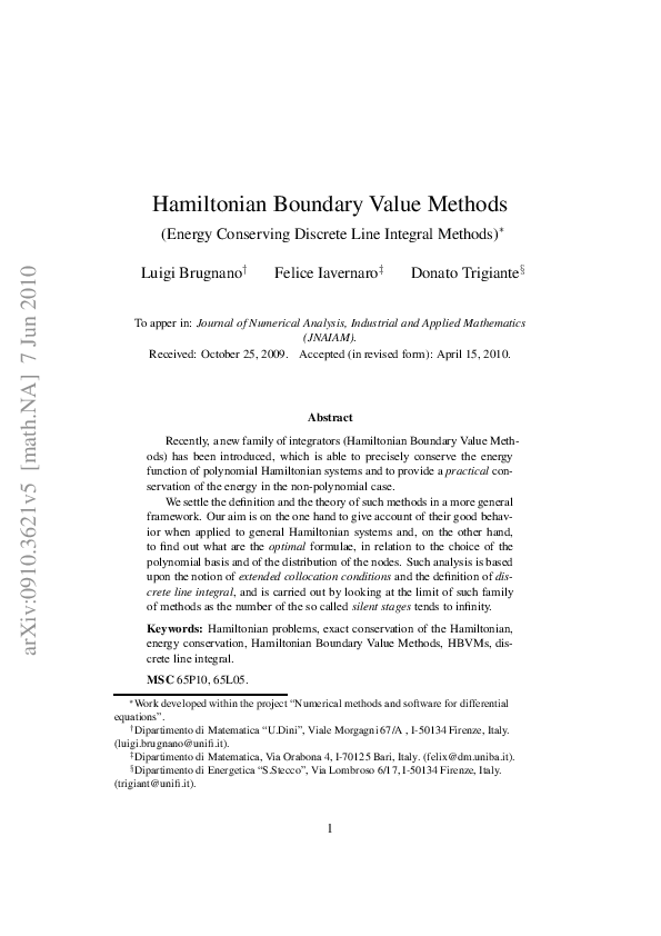 (PDF) Hamiltonian Boundary Value Methods (Energy Conserving Discrete Line Integral Methods)