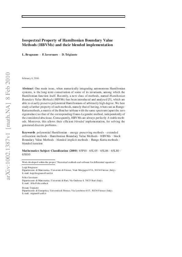 (PDF) Isospectral Property of Hamiltonian Boundary Value Methods (HBVMs) and their blended ...