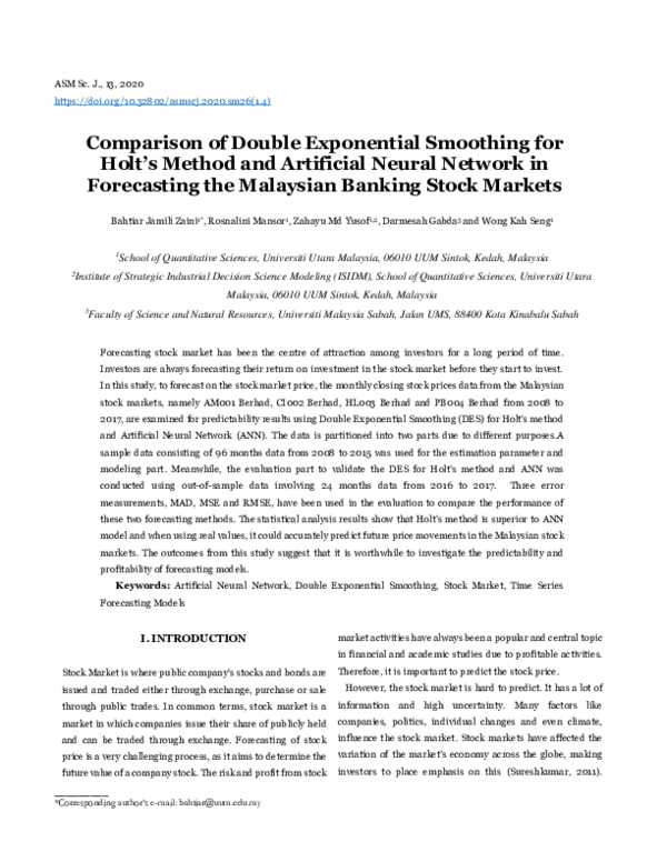 (PDF) Comparison of Double Exponential Smoothing for Holt’s Method and Artificial Neural Network ...