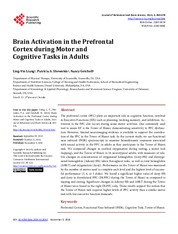 Pdf Brain Activation In The Prefrontal Cortex During Motor And Cognitive Tasks In Adults