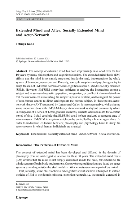 (PDF) Extended Mind and After: Socially Extended Mind and Actor-Network