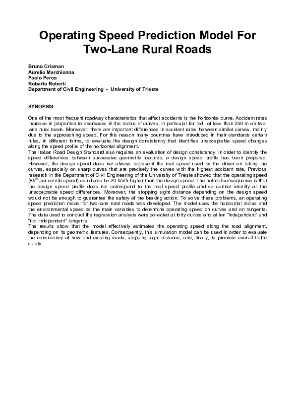 (PDF) Operating Speed Prediction Model for Two-Lane Rural Roads