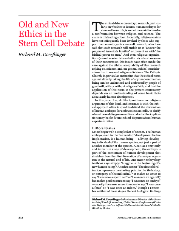 (PDF) Old and New Ethics in the Stem Cell Debate