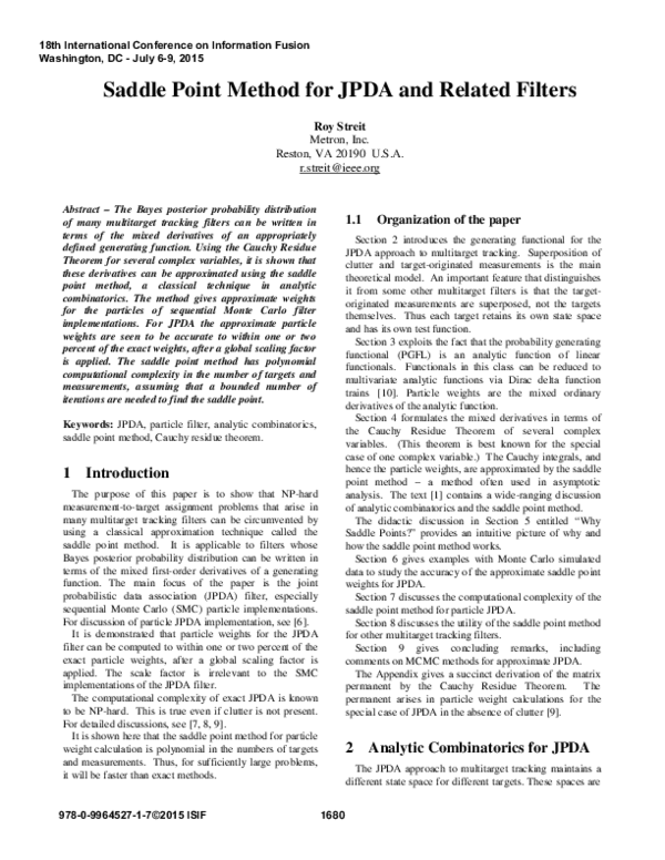 (PDF) Saddle point method for JPDA and related filters