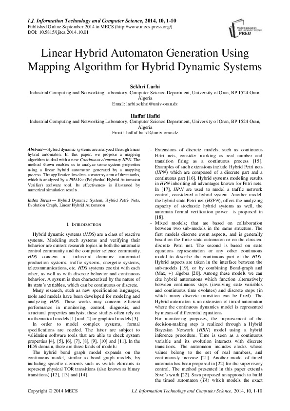 (PDF) Linear Hybrid Automaton Generation Using Mapping Algorithm for Hybrid Dynamic Systems