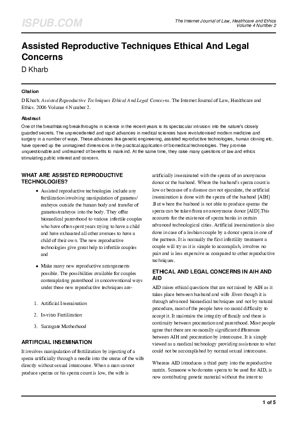 (PDF) Assisted Reproductive Techniques Ethical and Legal Issues