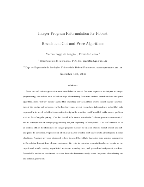 Pdf Integer Program Reformulation For Robust Branch And Cut And Price Algorithms Eduardo