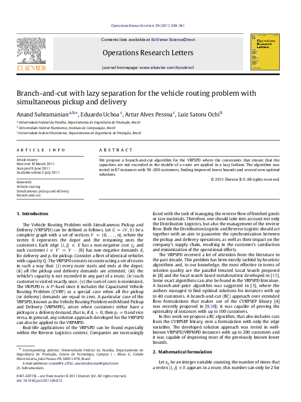 (PDF) Branch-and-cut with lazy separation for the vehicle routing problem with simultaneous ...