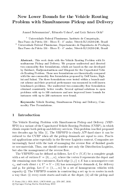 (PDF) New Lower Bounds for the Vehicle Routing Problem with Simultaneous Pickup and Delivery