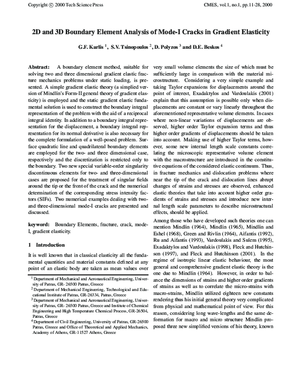 (PDF) 2D and 3D Boundary Element Analysis of Mode-I Cracks in Gradient Elasticity