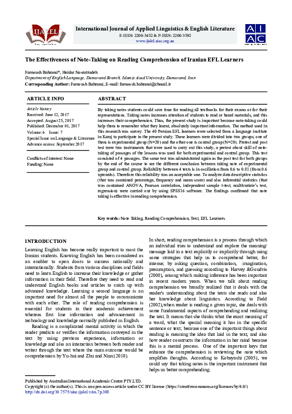 (PDF) The Effectiveness of Note-Taking on Reading Comprehension of Iranian EFL Learners