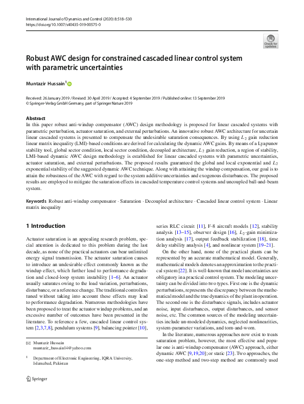 (PDF) Robust AWC design for constrained cascaded linear control system with parametric uncertainties