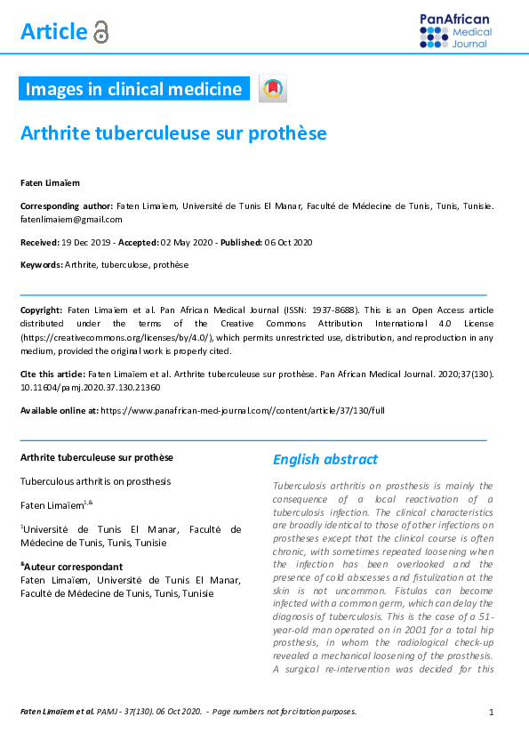 (PDF) Arthrite tuberculeuse sur prothèse
