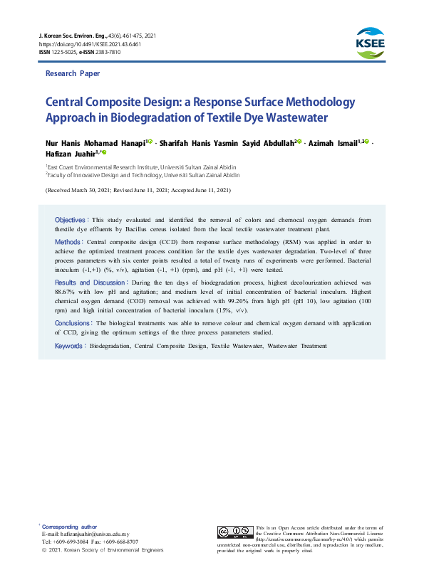 (PDF) Central Composite Design: a Response Surface Methodology Approach in Biodegradation of ...