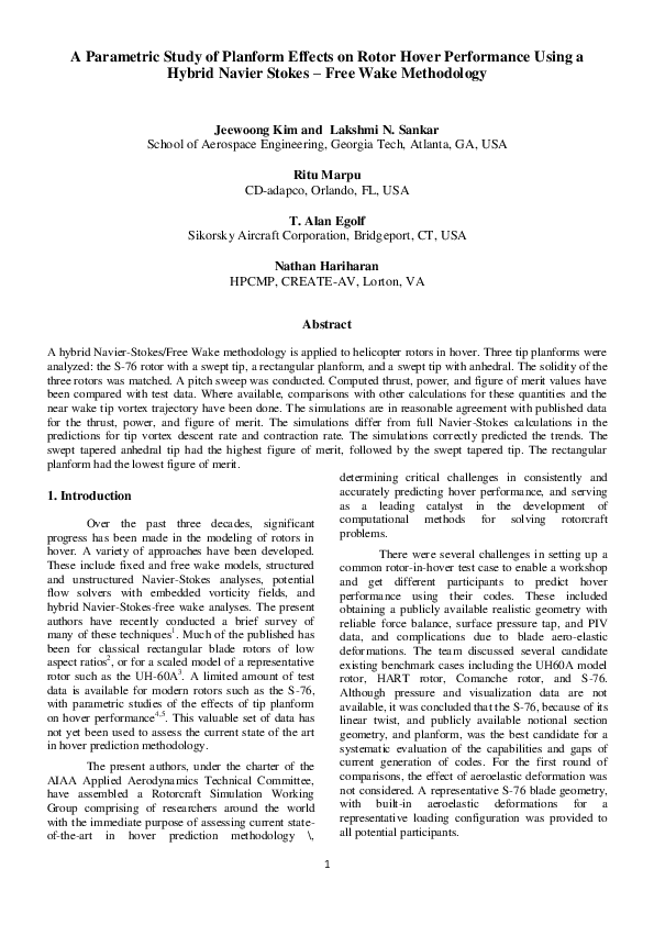 (PDF) A Parametric Study of Planform Effects on Rotor Hover Performance Using a Hybrid Navier ...