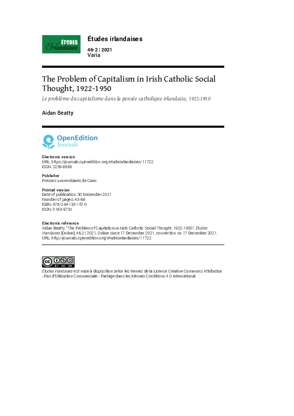 (PDF) The Problem of Capitalism in Irish Catholic Social Thought, 1922 ...