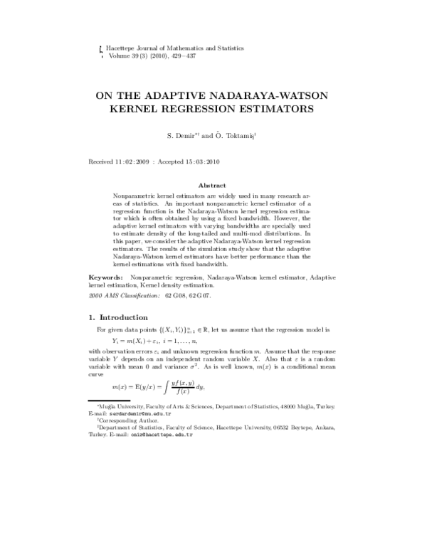 Pdf On The Adaptive Nadaraya Watson Kernel Regression Estimators