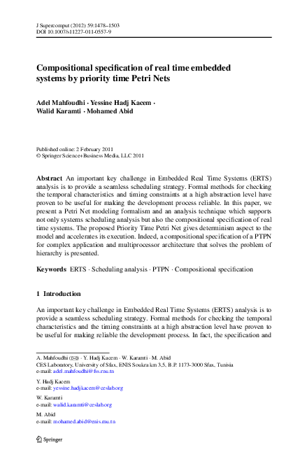 (PDF) Compositional specification of real time embedded systems by priority time Petri Nets