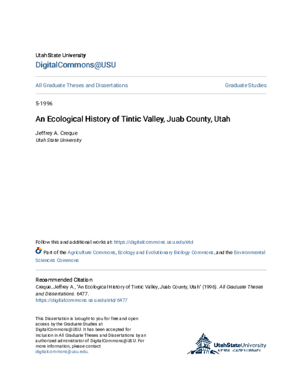 (PDF) An Ecological History of Tintic Valley, Juab County, Utah ...