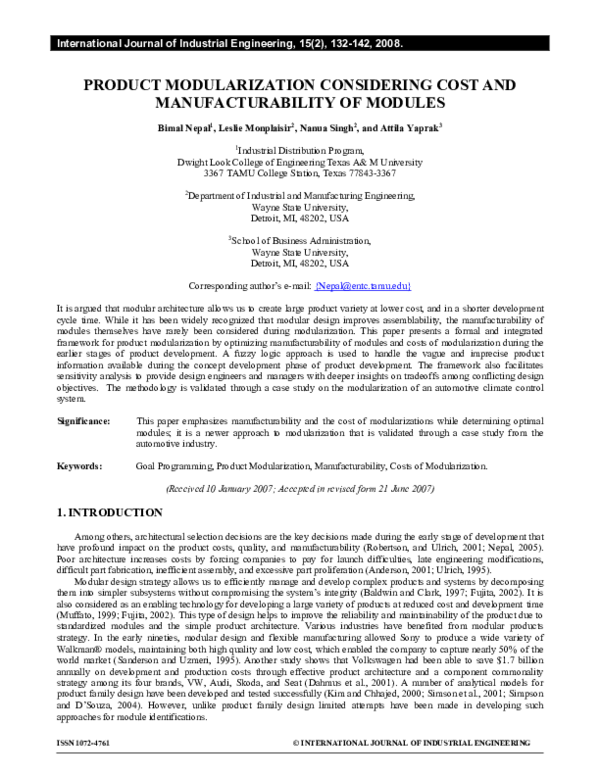 (PDF) Product Modularization Considering Cost and Manufacturability of ...