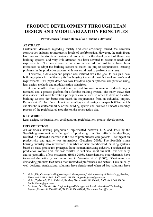 Pdf Product Development Through Lean Design And Modularization Principles