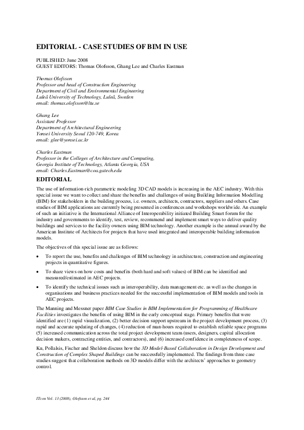 (PDF) Editorial - Case studies of BIM in use