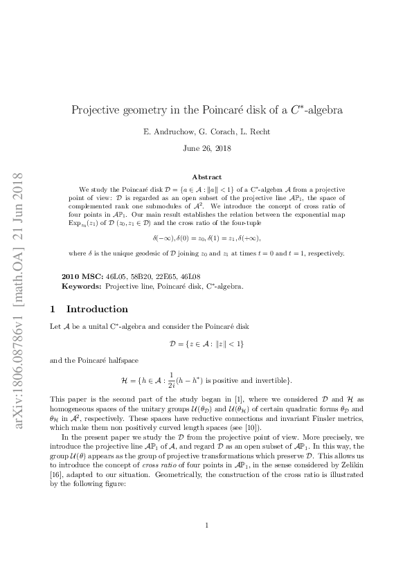 (PDF) Projective geometry in the Poincar\'e disk of a $C^*$-algebra ...