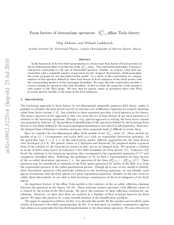 (PDF) Form factors of descendant operators: [FORMULA] affine Toda theory
