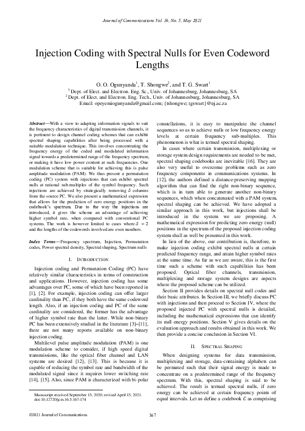 (PDF) Injection Coding with Spectral Nulls for Even Codeword Lengths