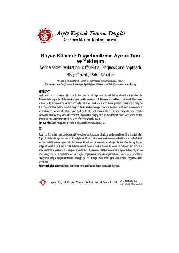 (PDF) Boyun Kitleleri: Değerlendirme, Ayırıcı Tanı ve Yaklaşım