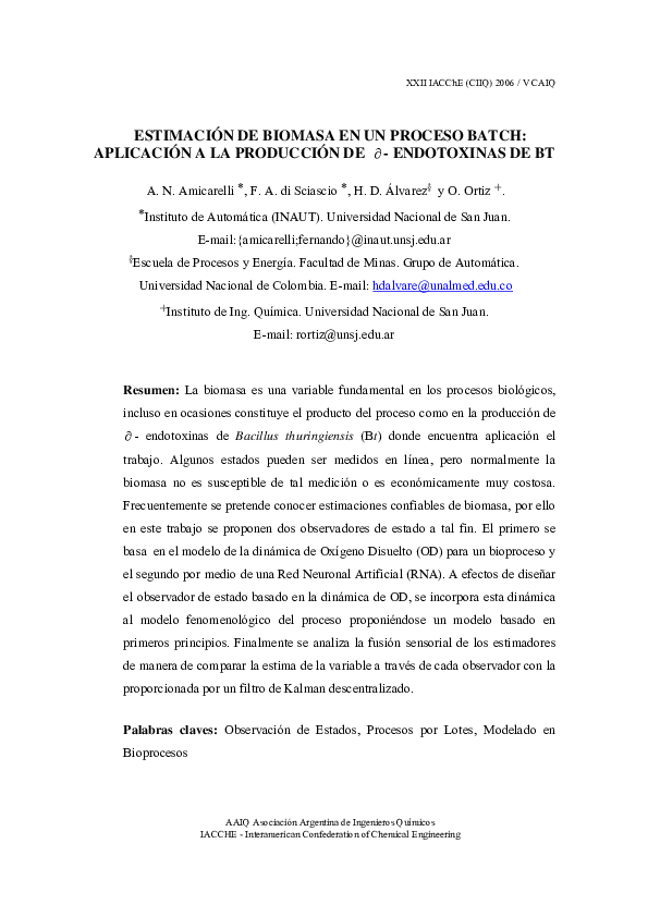 (PDF) Estimaci n De Biomasa en Un Proceso Batch: Aplicaci n a La Producci n De ? - Endotoxinas De BT